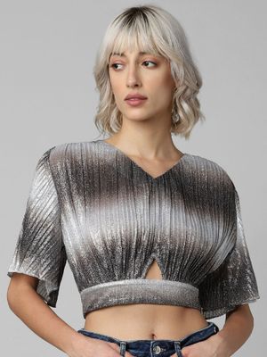 Buy ONLY Woman Self Design Silver Crop Top Online