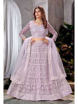 Buy KVS FAB Women Lavender Embroidered Semi Stitchedlehenga with Choli ...