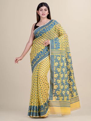 Buy LAA CALCUTTA Yellow & Blue Cotton Silk Hand Woven Traditional Saree ...