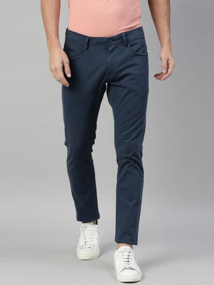 Buy RARE RABBIT Navy Solid Casual Trousers Online
