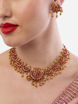 Buy Zaveri Pearls Pink Stones Crescent Ethnic Beads Drop Necklace and ...