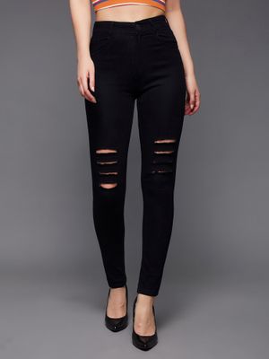 Buy Miss Chase Women's Black Slim Fit High Rise Ripped Denim ...