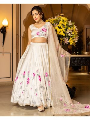 Aachho Lehenga Choli : Buy Aachho Sefid Handpainted Lehenga (Set of 3 ...