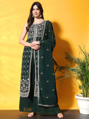 Buy Chhabra 555 Green Pleated Front Slit Kurta with Palazzo and Dupatta ...