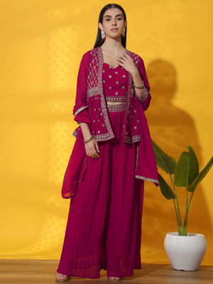 Buy Chhabra 555 Pink Zari Embroidered Crop Top Jacket with Palazzo and ...