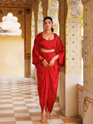 Buy Ragavi Savy Red Silk Co- Ord (Set of 3) (XS) Online