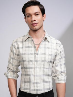 Buy HIGHLANDER Men Off White Cotton Blend Checks Slim Fit Shirt (L) Online