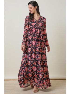 Buy Soch Womens Black Chinon Floral Print Alia Cut Dress (S) Online