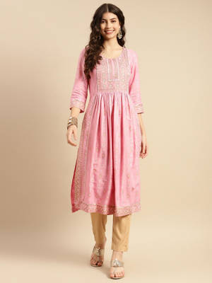 Buy Rangita Rayon Pink Yoke Embroidered Calf Length Kurta Gathered At ...