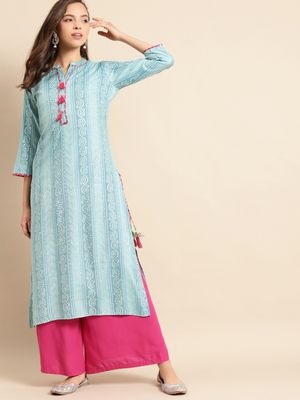 Buy Rangmayee Women Blue & White Bandhani Printed Straight Kurta Online
