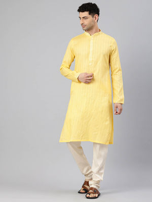 Buy Manthan Yellow Cotton Stripes Kurtas for Men (S) Online