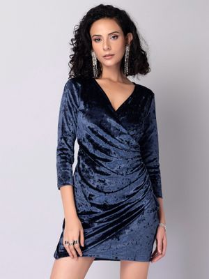 Buy FabAlley Blue Velvet Gathered Wrap Dress online