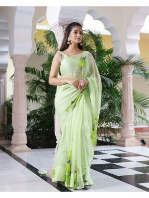 Buy Mayurie Rosemary Handpainted Chiffon Saree with Unstitched Blouse ...