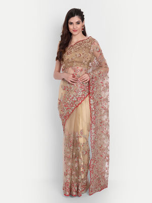 Buy Kasee Gold Embroidered Net Saree with Unstitched Blouse Online