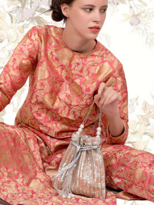 Buy Odette Peach Embellished Batua Online