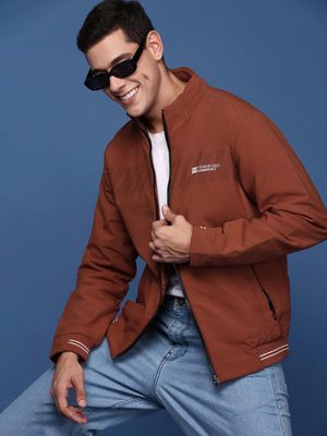Buy SHOWOFF Mens Rust Mock Collar Solid Bomber Jacket (S) Online