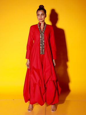 Buy Echke Red Chinese Collar Dress With Long Sleeves And Asymmetric ...