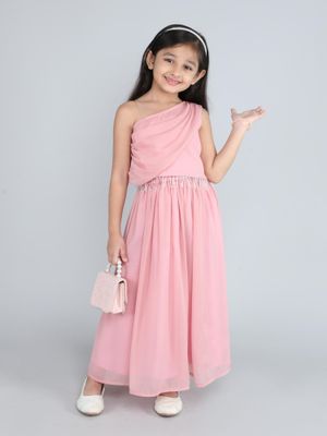 Buy Taffykids Pink One Shoulder Choli with Attach Dupatta and Lehenga ...