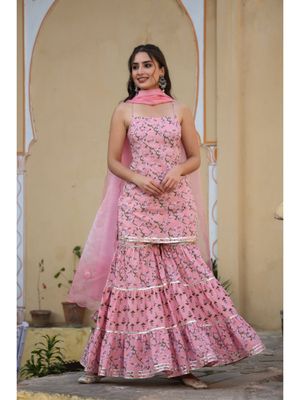 Buy Rangeelo Pink Printed Cotton Backless Sharara (Set of 3) Online