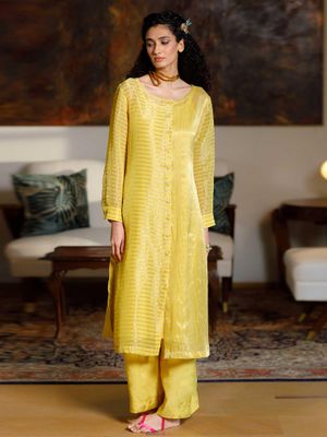 Buy Ganga Fashions Yellow Organza Zari Woven Stripe Festive Kurtas (Set ...