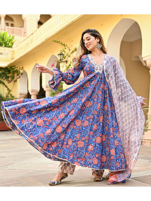 Bunaai Anarkali Set : Buy Bunaai Admiral Blue Handblock Printed Suit ...