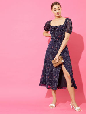 Buy ANVI Be Yourself Navy Blue Floral Printed Midi Dress Online