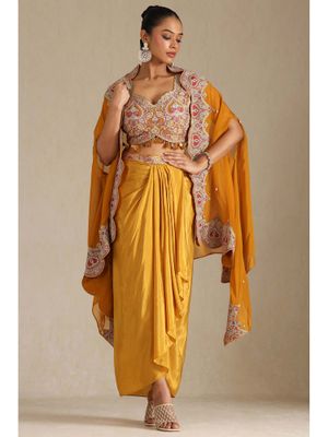 Buy Soch Women Mustard Embroidered Crop Top with Skirt and Cape (Set of ...