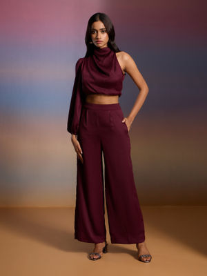 Buy RSVP by Nykaa Fashion Wine Satin Solid Cowl Neck Crop Top Straight ...