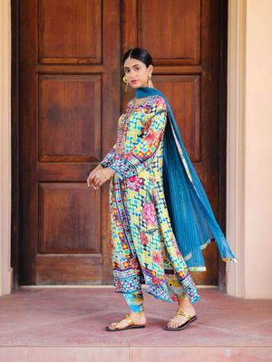 Buy Sage Saga Kumud Blue Color Kurta with Dupatta (Set of 3) Online