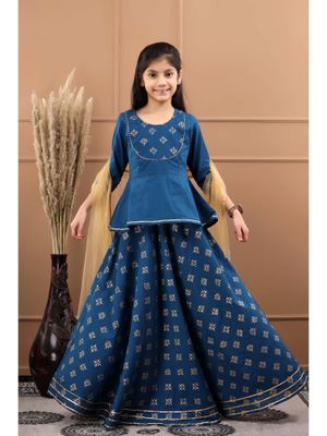 Hatheli Lehenga Set : Buy Hatheli Girls Pure Cotton Hand Block Blue ...