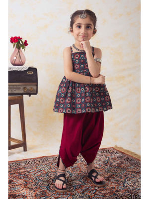 Buy TIBER TABER Girls Indie Print Cotton Top & Dhoti Pant Green (Set of ...