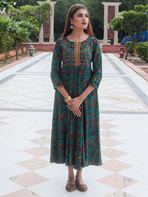 Buy Rangmayee Women Green Floral Print & Embroidered A-Line Kurta Online