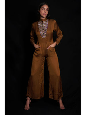 Buy Seesa Golden Brown Embroidered Jumpsuit Online