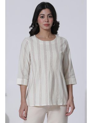 Buy W Yarn Dyed Stripes Cotton White Top (XS) Online