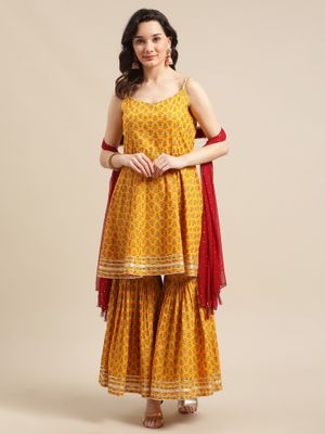 Buy Varanga Yellow Shoulder Straps Kurta with Sharara and Dupatta (Set ...