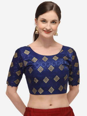 Buy Amrutam Fab Womens Jacquard Navy Blue Stiched Blouse With Round ...