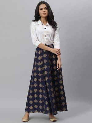 Buy Stylum Womens Gold Print Cotton Blend Shirt Skirt Set (set Of 2) Online
