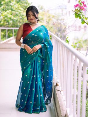 Buy Uttariya Blue Floral Embroidered Tissue Saree With Unstitched ...