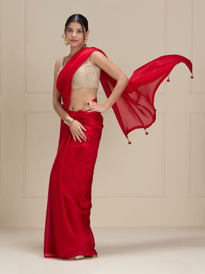 Buy Nyri Elegant Soft and Flowy Solid Blood Red Georgette Saree with ...