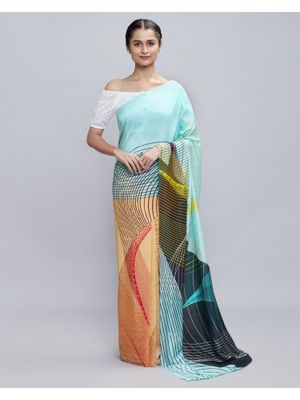 Buy Navyasa By Liva Yellow Organza Geometric Print Saree with ...