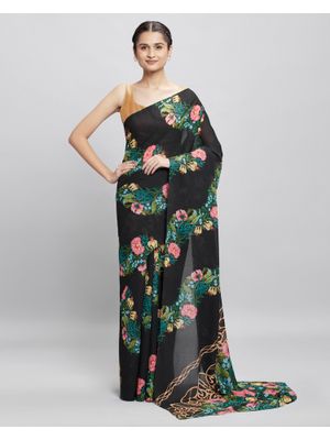 Buy Navyasa By Liva Black Georgette Floral Print Saree with Unstitched ...