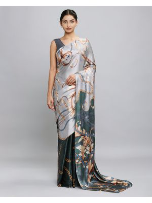 Buy Navyasa By Liva Grey Satin Floral Print Saree with Unstitched ...
