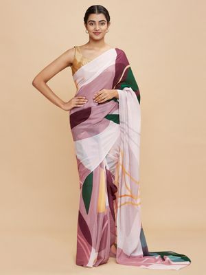 Buy Navyasa By Liva Purple Organza Geometric Print Saree with ...