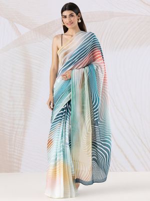 Buy Navyasa By Liva Multi-Color Organza Geometric Print Saree with ...