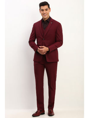 Buy Allen Solly Men Red Slim Fit Textured Formal Three Piece Suit (Set ...