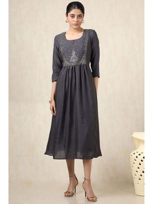 Buy Soch Charcoal Embroidered A-Line Midi Dress (XS) Online