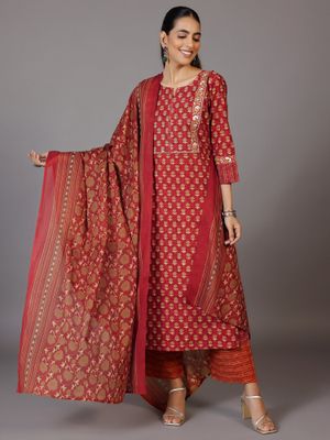 Buy Libas Women Rust Printed Kurta with Pant & Dupatta (XS) Online