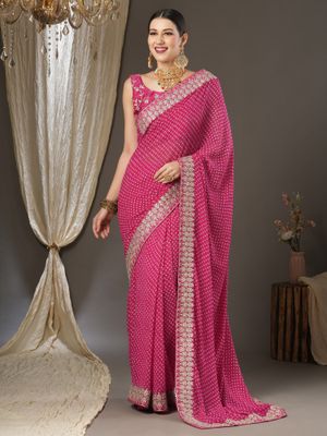 Buy Akhilam Womens Georgette Pink Zari Embroidered Designer Saree with Unstitched Blouse Online