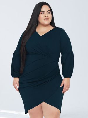 Buy Turquoise Curve Plus Size Bishop Sleeve Wrap Bodycon Dress Online