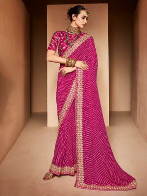 Buy Akhilam Womens Georgette Pink Zari Embroidered Designer Saree with Unstitched Blouse Online